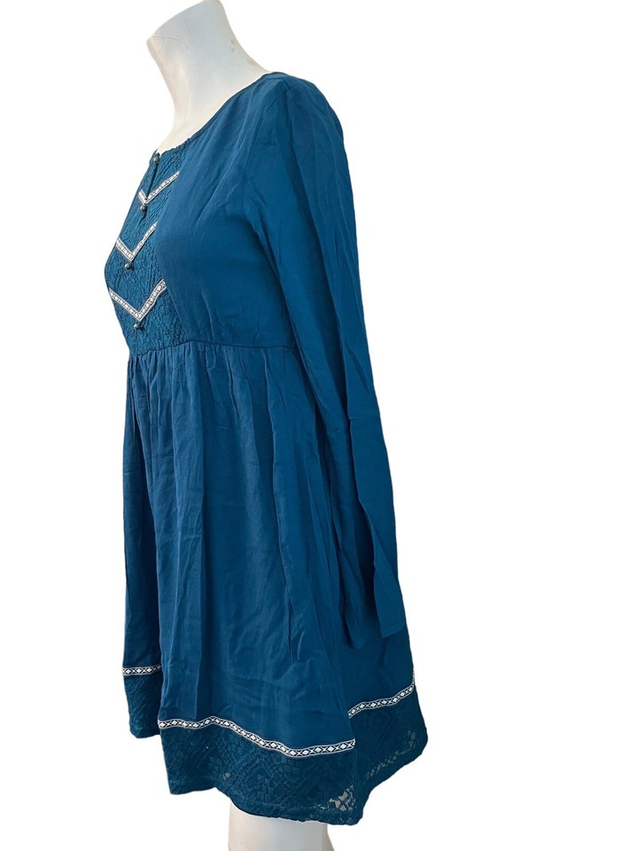 Ladies Small Peasant Smock Dress Teal Blue Long Sleeve Lace Embroidered ...