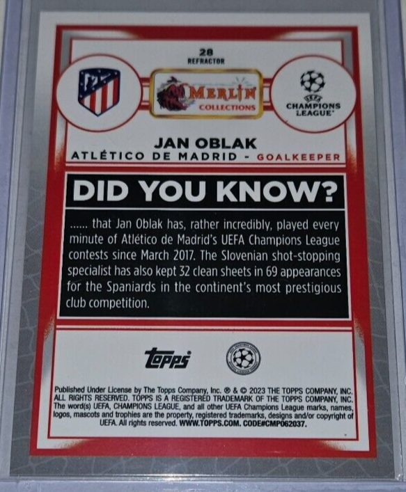 2022-23 Topps Merlin UEFA Jan Oblak Silver Refractor Card #28 Atletico ...