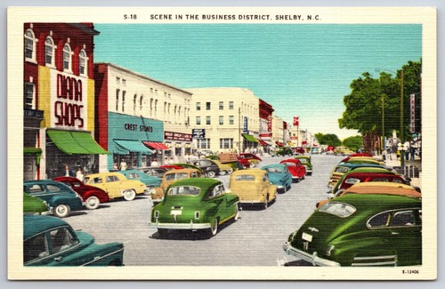 Shelby North Carolina~Busy Downtown Business District~1930s Linen ...