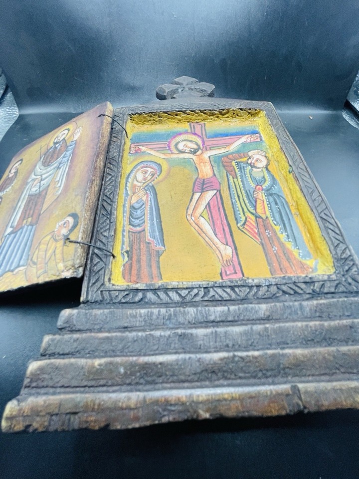 Vintage Ethiopian Orthodox Folding Wood Icon Hand Painted Triptych ...