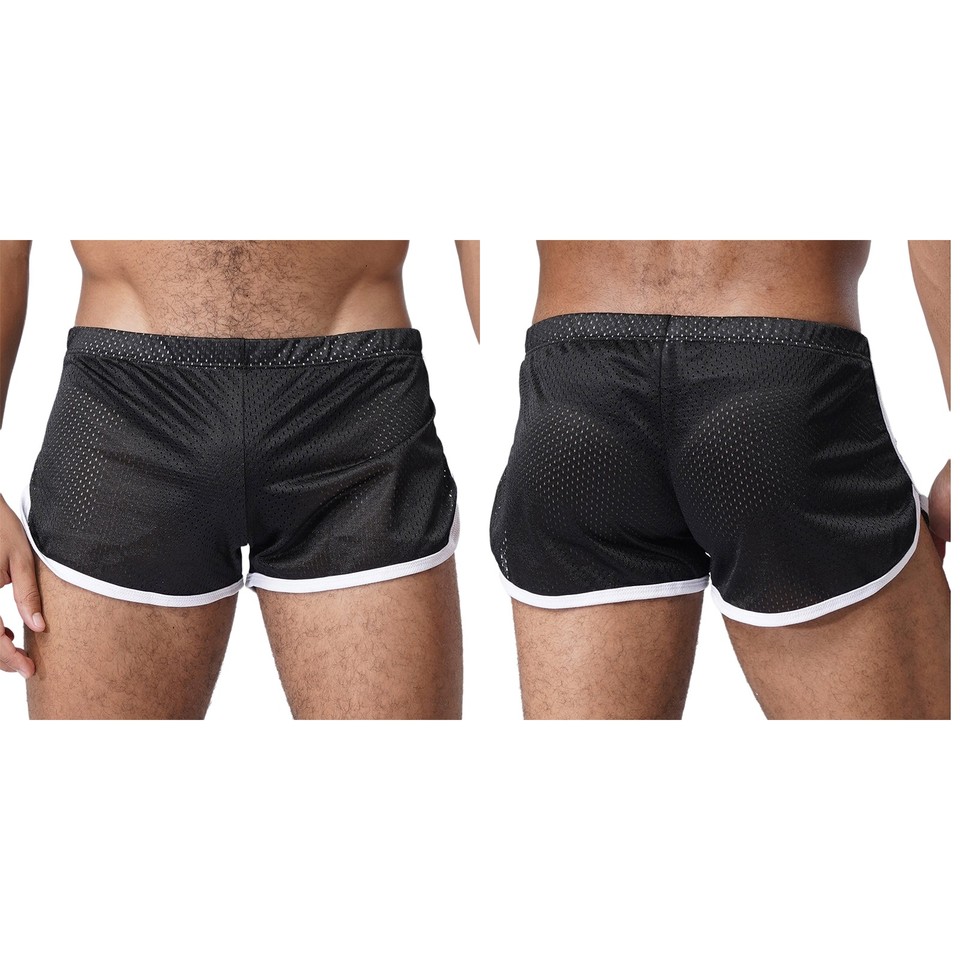Mens Sheer Mesh See Through Boxer Briefs Drawstring Swim Shorts Trunks ...