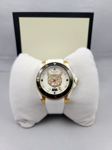 GUCCI DIVE 40MM WHITE FELINE HEAD DIAL RUBBER MEN'S WATCH YA136322 | eBay
