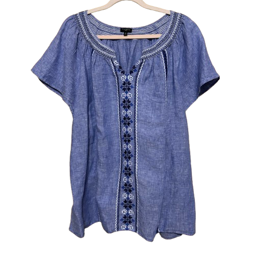 Talbots 100% Linen Tunic Top Women Size 3X Blue Embroidered Short ...