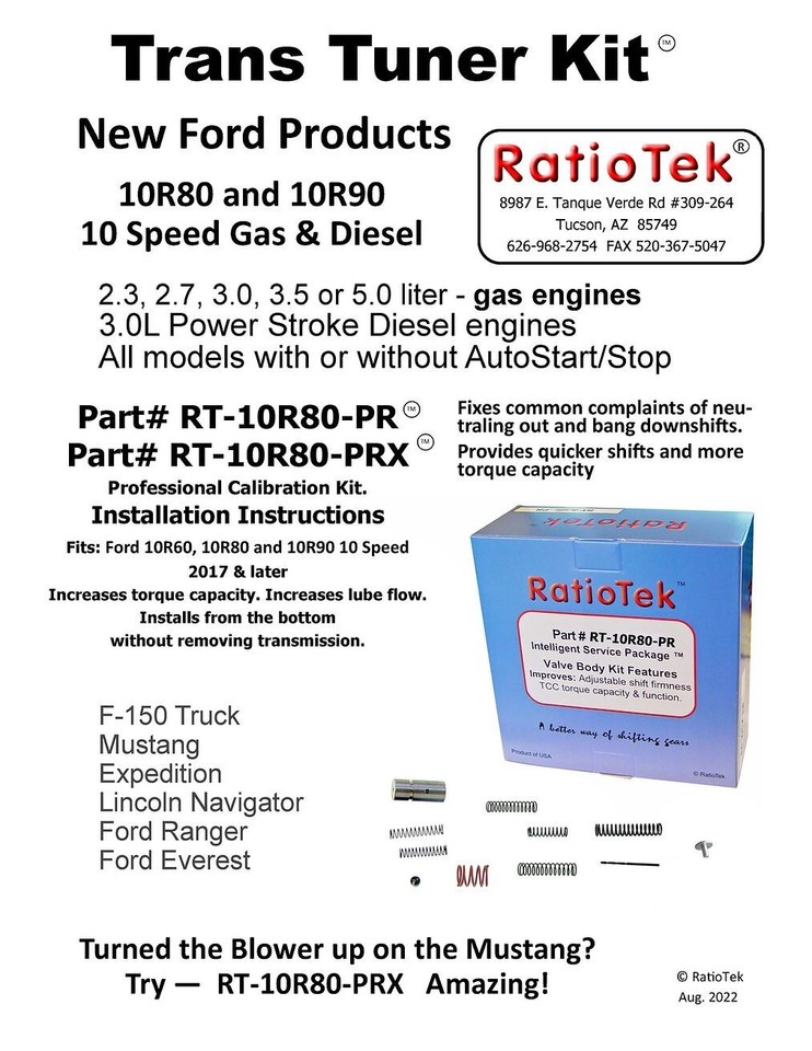 10R80 10R90 Ford 2017-Up RatioTek® Transmission Valve Body Kit, RT ...