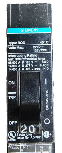 Siemens 20Amps BQD120 Single Pole 277V Bolt in Breaker | eBay