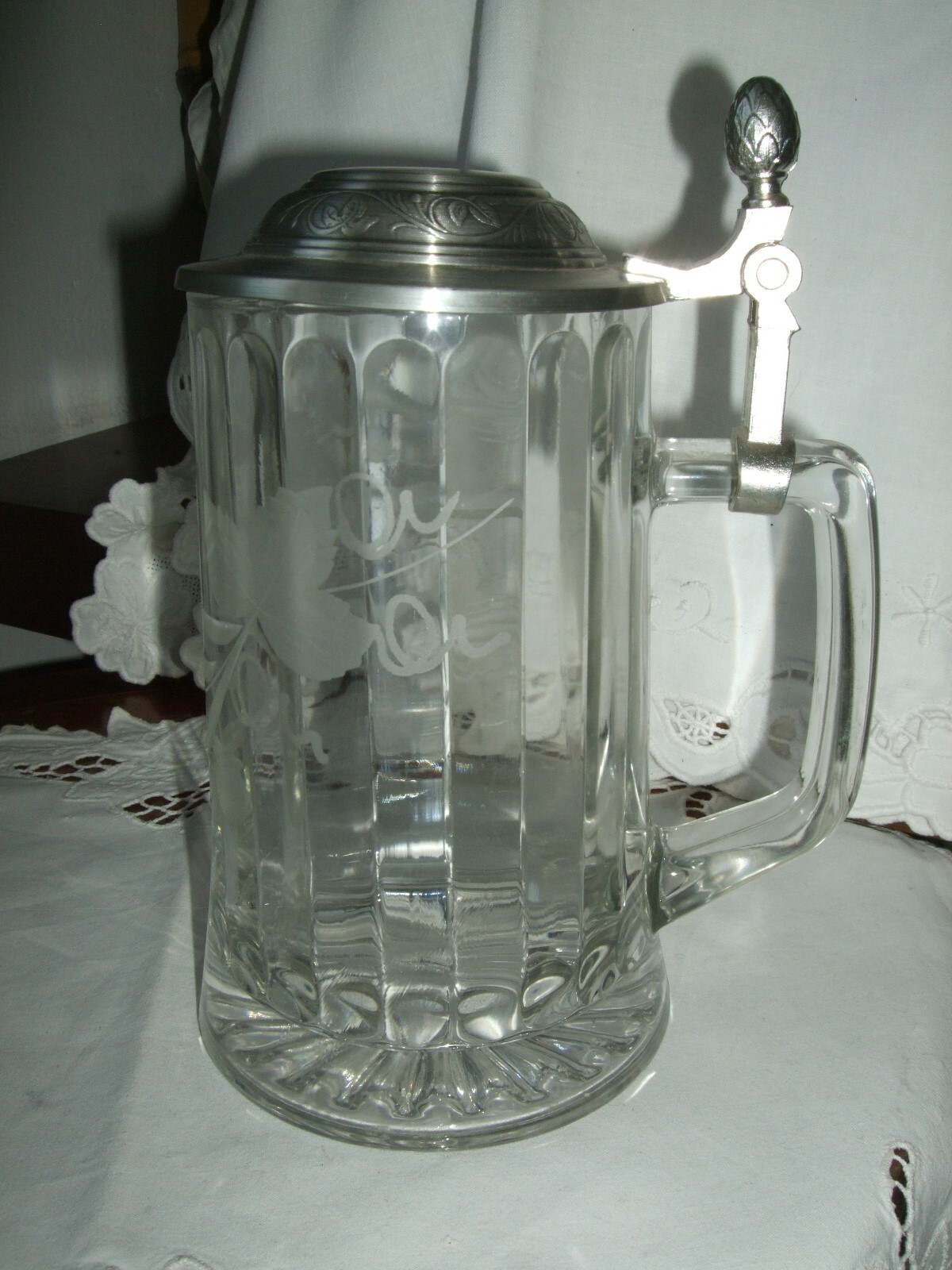 BOCCALE BIRRA COPERCHIO VETRO PELTRO GERMANY ZINN VINTAGE INCISO CM 19 ...