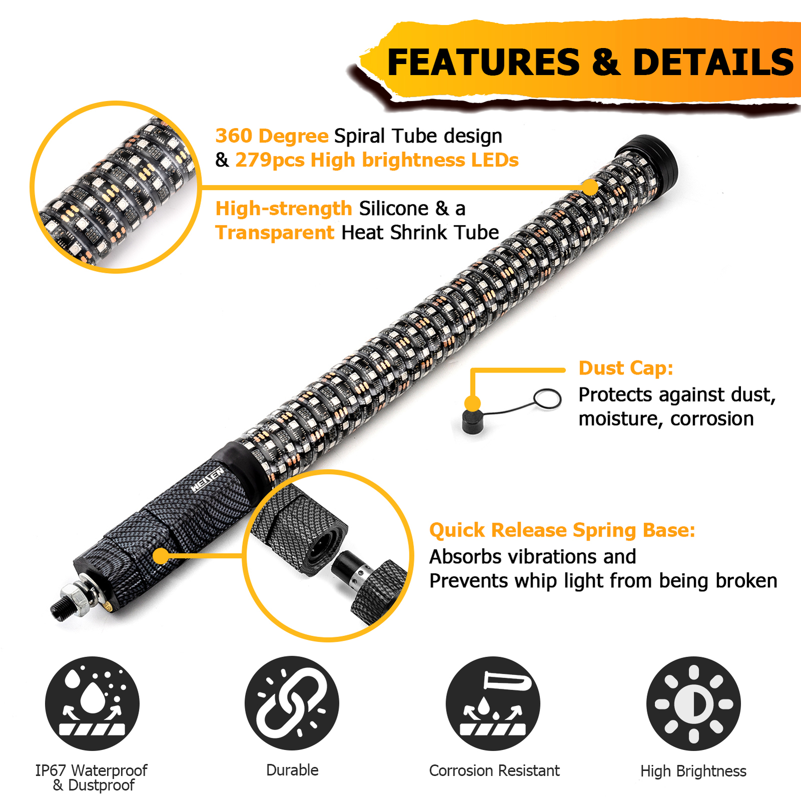 2FT Fat LED Whip APP Controlled Antenas De LED Quick Release Whip Light ...