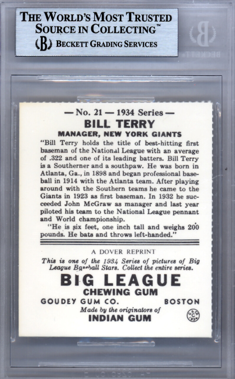Bill Terry Autographed 1984 1934 Goudey Reprint Card #21 Giants Beckett ...
