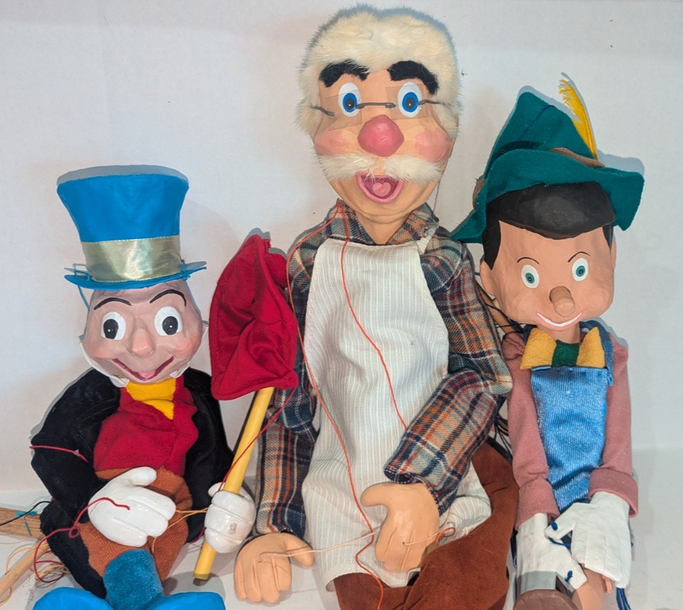 Vtg Hand Painted Paper Mache Pinocchio Marionette Puppet Set Jiminy ...