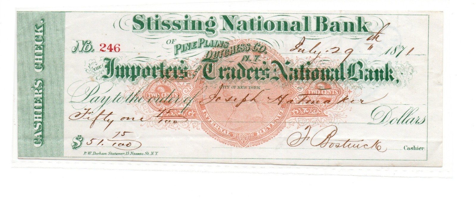 US Revenue Stamps - 1871 bank check revenue stamped paper RN-C5 (M58 ...