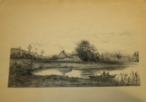 Suzanne GARNIER (XIX) GRAND DESSIN FUSAIN PAYSAGE ETANG BARQUE BARBIZON ...