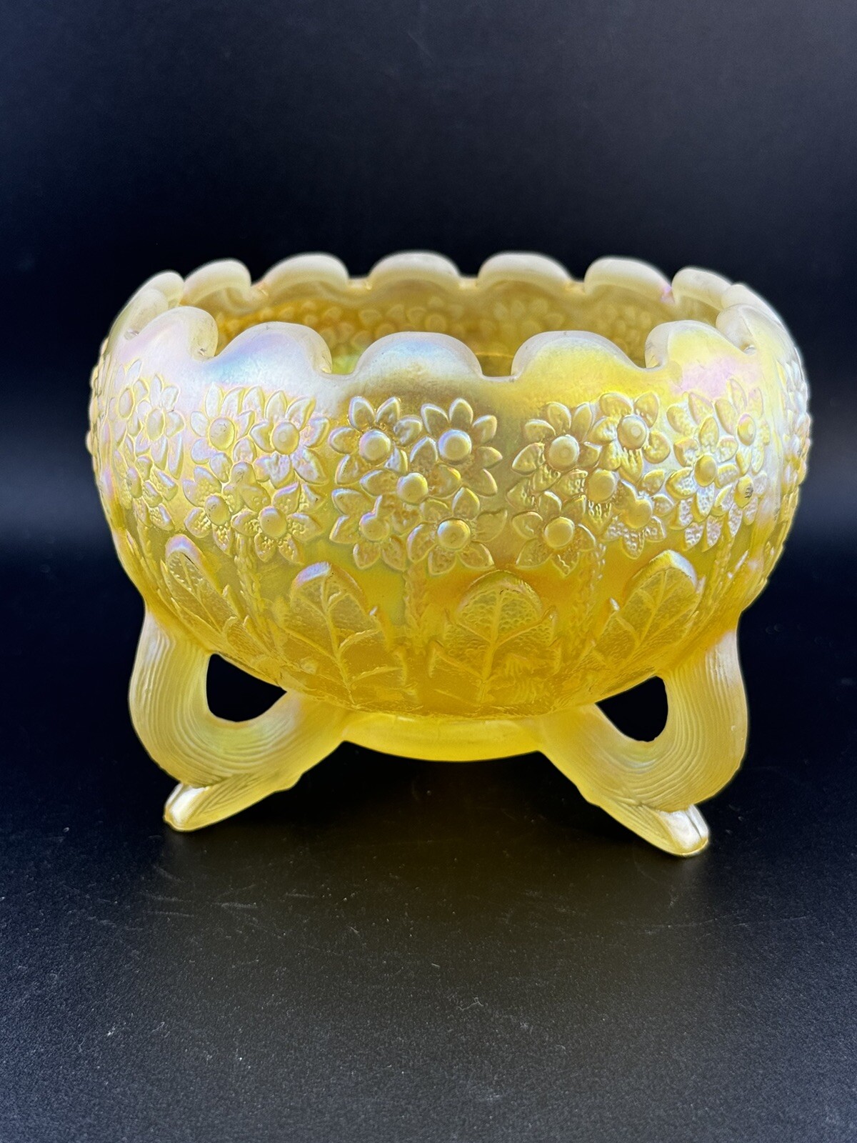 Vintage Fenton Yellow Iridescent Footed Bowl Candy Dish Glass BEAUTIFUL ...