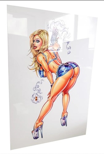 Armando Huerta Exclusive Comic Art Sexy Girl W Gun Metal Print