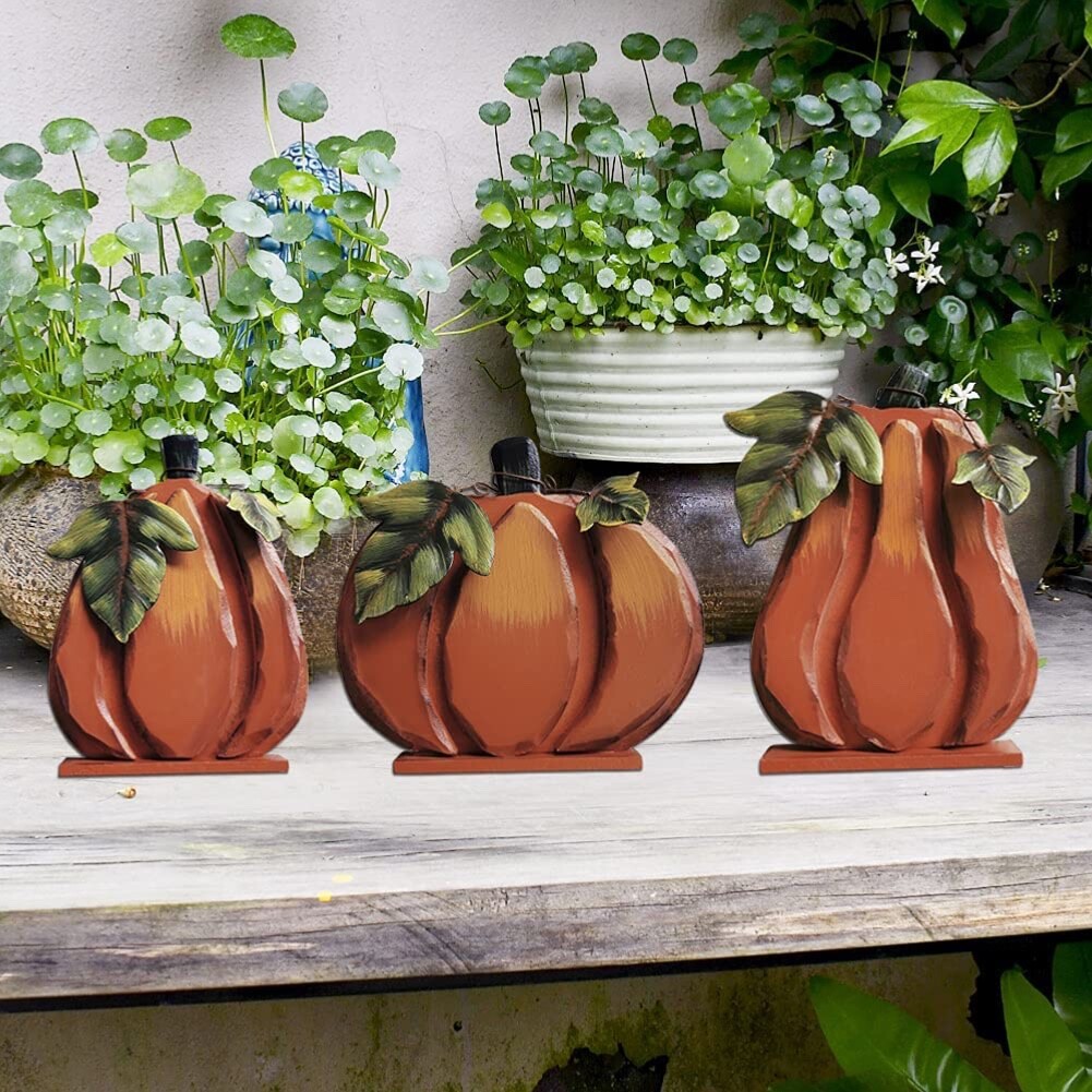 Wood Pumpkin Tabletop Fall Decor Set of 3, Rustic Standing Flat Pumpkin ...