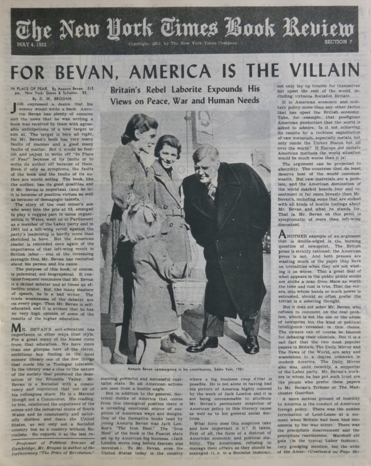 BEVAN IN PLACE OF FEAR EDDW VALE BROGAN 1952 May 4 NY Times Book Review ...