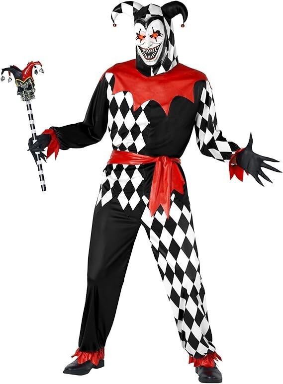 Mens Evil Jester Costume Light Up Mask Adult Scary Red Eye Clown Suit ...