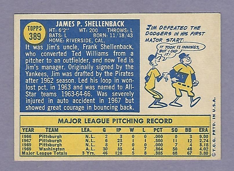 1970 Topps - #389 Jim Shellenback - Washington Senators - ExMt+ ...