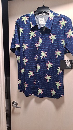 Reverse Threads Shirt Men's Short Sleeve. Button Up Palm Trees Navy ...