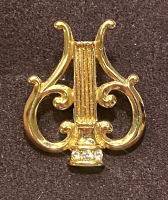 Vintage Lyre Pin Gold Tone 3 Rhinestones Harp Music Brooch Band ...