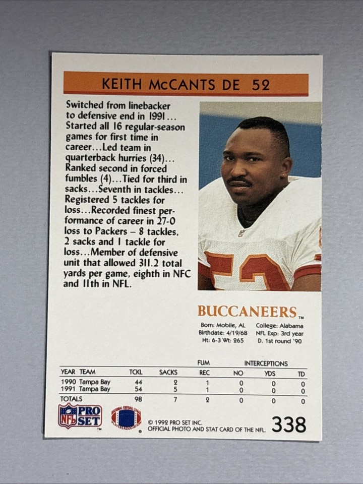Keith McCants 1992 Pro Set Buccaneers #338 *N692* | eBay