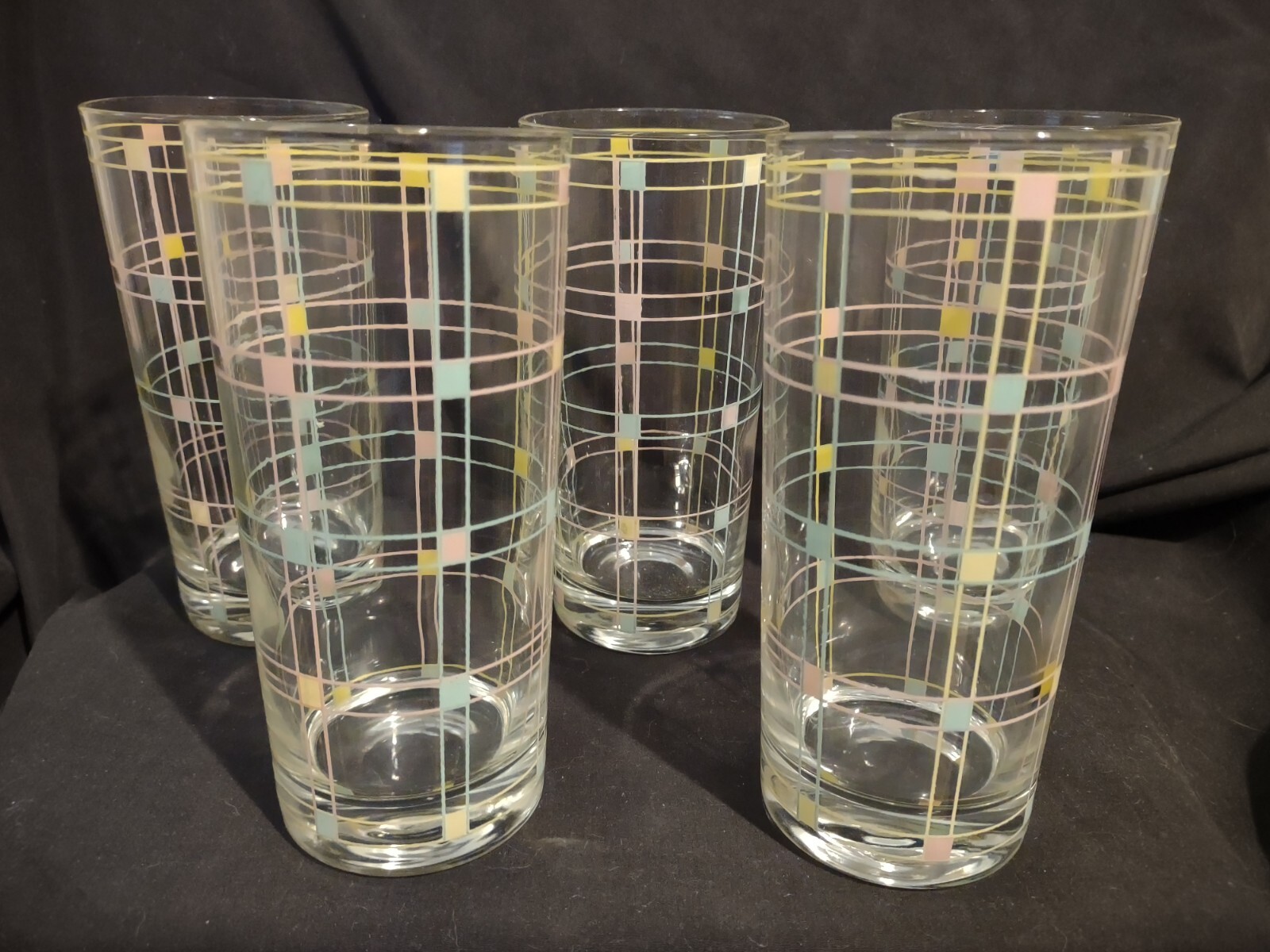 Set of 4 Unique Mid-Century Pastel Checker Board Pattern Glasses 6 ¼ ...