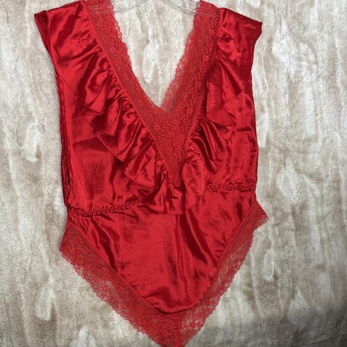 Vintage Lily Of France Red Hot Teddy Satin Lace Ruffles Bodysuit Romper ...