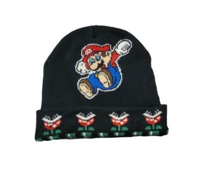 Super Mario Bros Beanie Hat Nintendo Black Red Knit Boys One Size | eBay