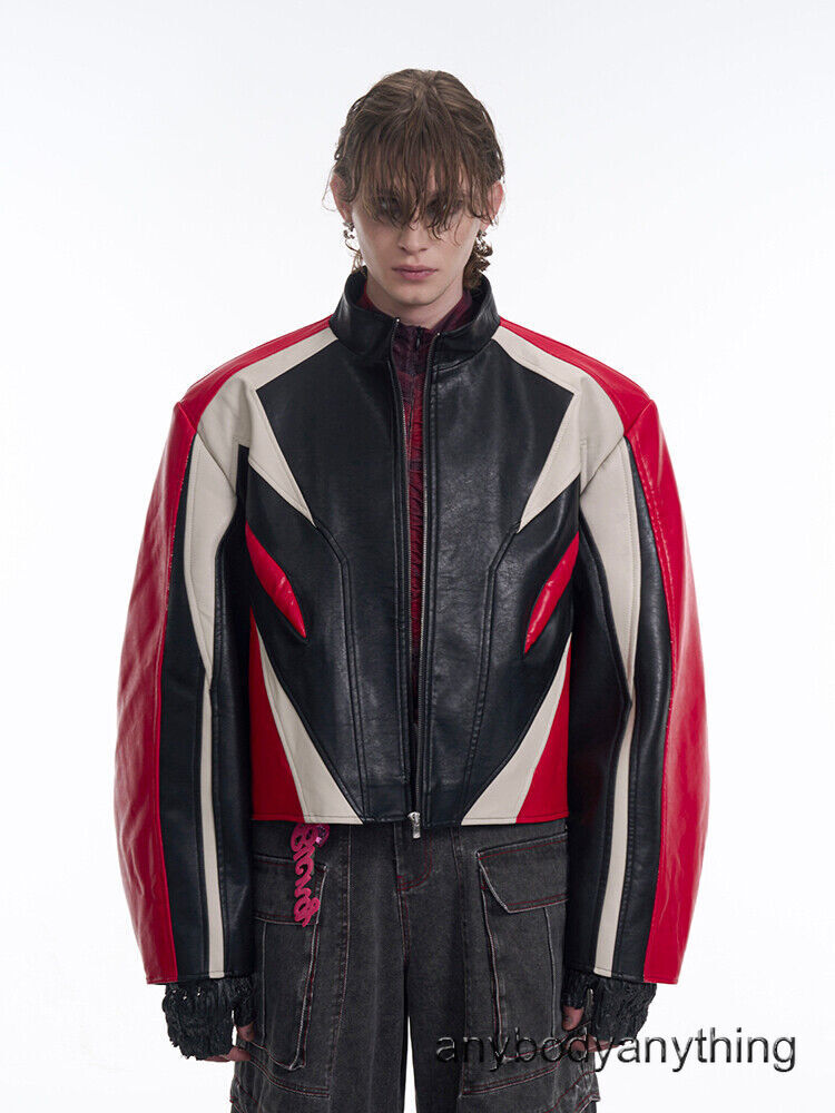 Men Short Standing Collar Leather Jacket Spring Splicing Motorcycle ...