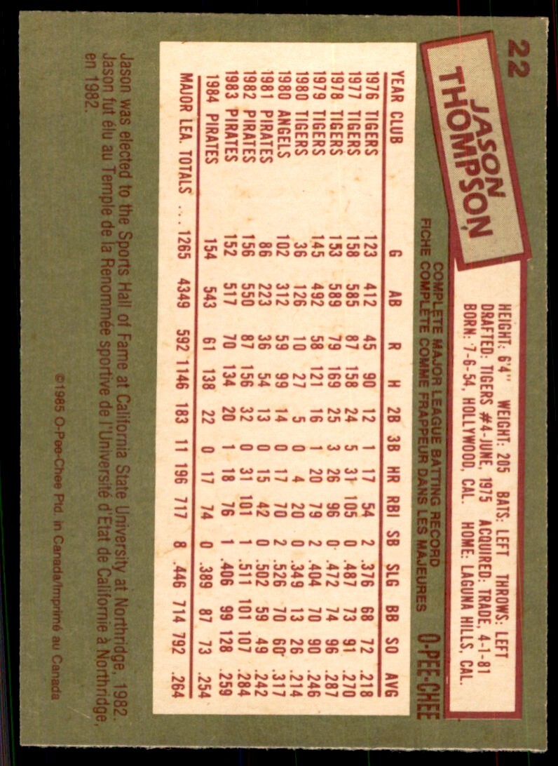1985 O-Pee-Chee Jason Thompson Baseball Cards #22 | eBay