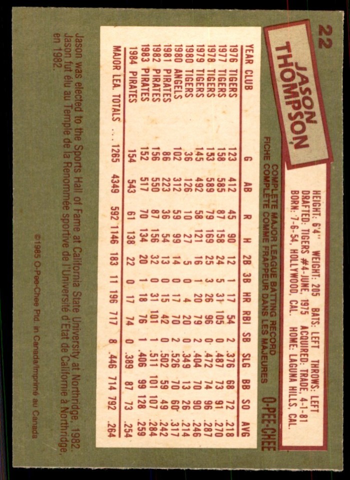 1985 O-Pee-Chee Jason Thompson Baseball Cards #22 | eBay