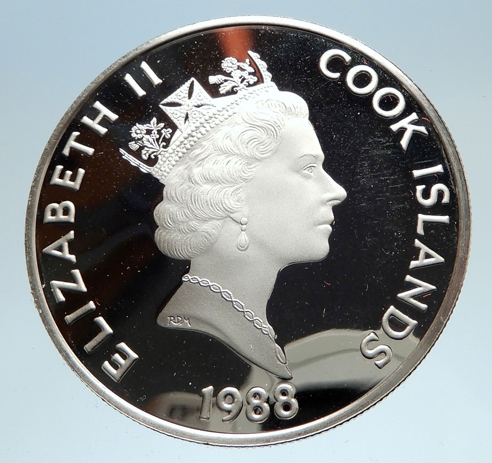 1988 COOK ISLANDS Elizabeth II w Fridtjof Nansen Antique Silver $50 ...
