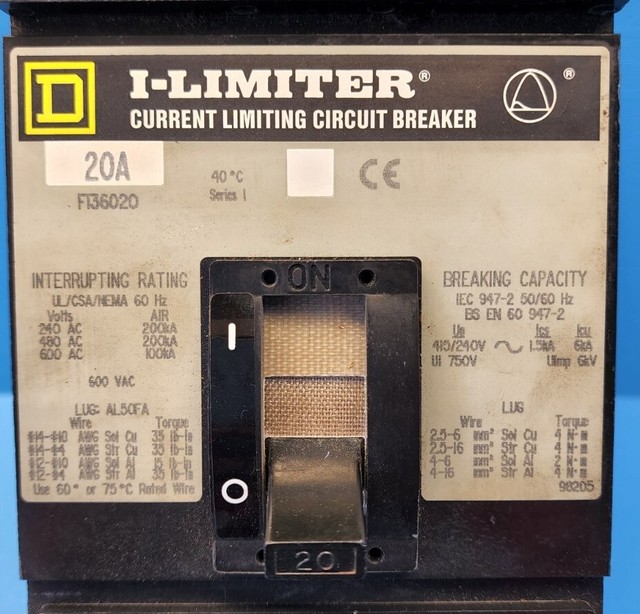 FI36020 - Square D 20 Amp 3 Pole 600 Volt Plug-in Molded Case Circuit ...