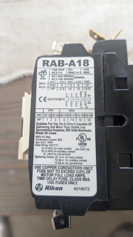 Riken Reversing Contactor Assembly.18A,600V, 3PH, Relay Coil 120V.RRAB ...