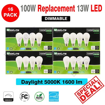 Maxlite Dimmable LED 13W Daylight Light Bulb A19 100W replacement 5000k ...