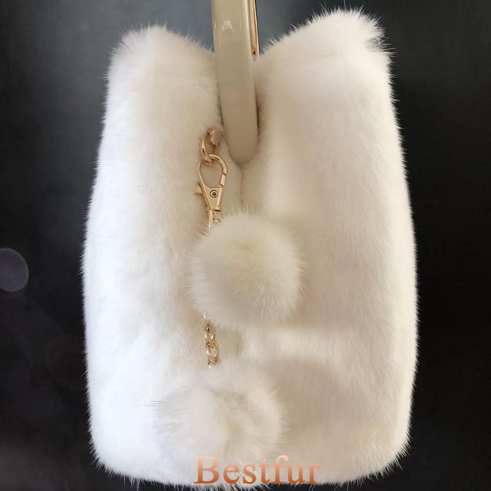 Womens Luxury Real Mink Fur Handbag Bucket Bag Purse Party Bag Tote ...