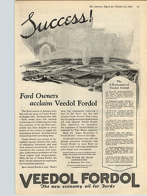 1922 Paper Ad Veedol Fordol Economy Oil for Fords Tide Water Oil Sales ...