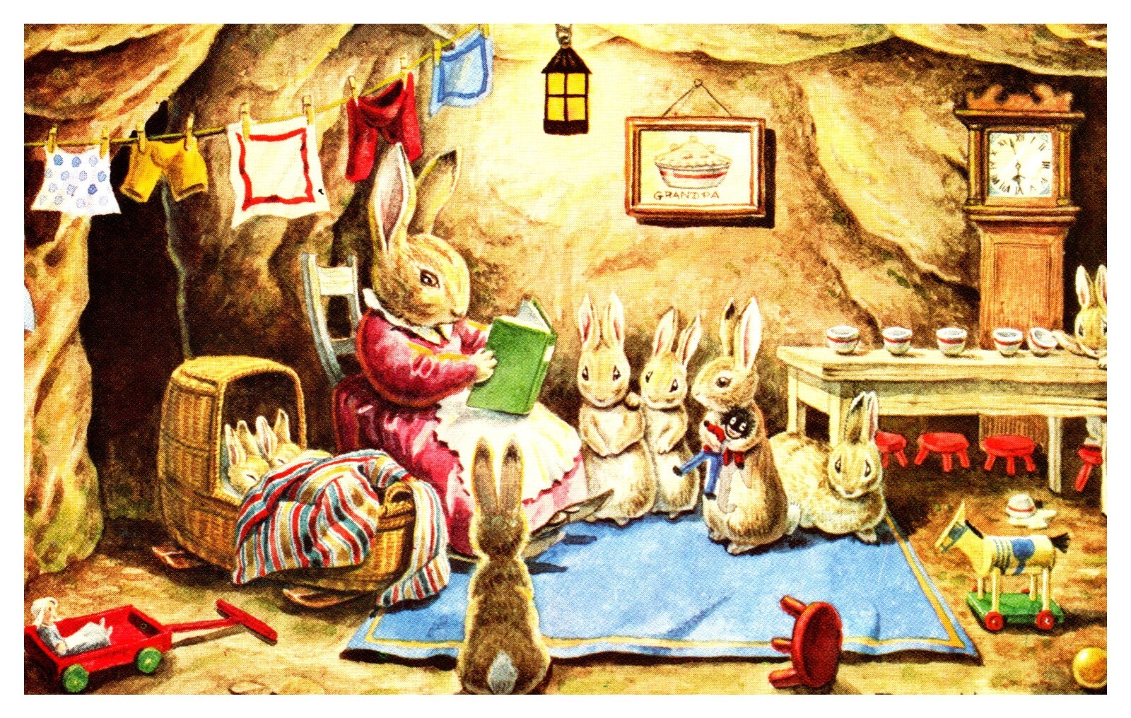 postcard Anthropomorphic Mama Rabbit reads a book to rabbits Racey ...