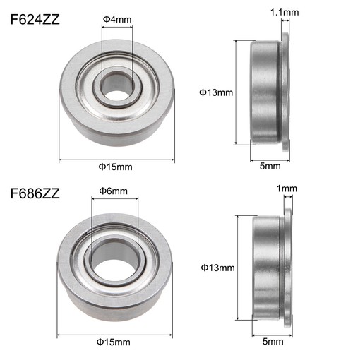 10 Sets F624ZZ F686ZZ Flanged Ball Bearing 4x13x5mm 6x13x5mm Flange ...