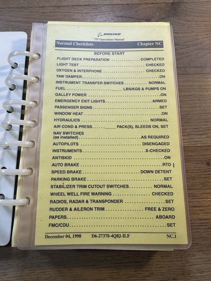 Boeing 737 Quick Reference Handbook QRH A5 Pilot Checklist Manual 1999 ...