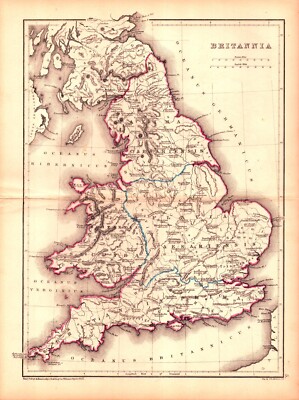 BRITANNIA, ENGLAND, ROMAN REPUBLIC Antique authentic original map 1856 ...