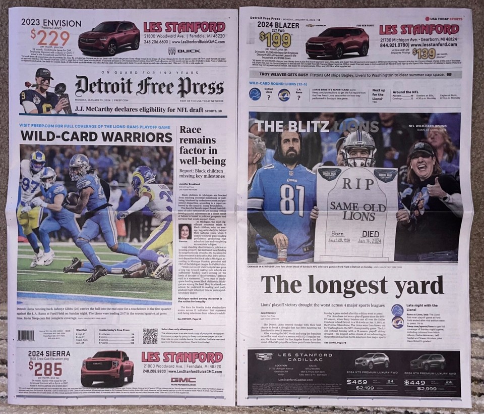 R.I.P. SAME OLD LIONS DETROIT FREE PRESS NEWSPAPER 15JAN 2024 LIONS ...