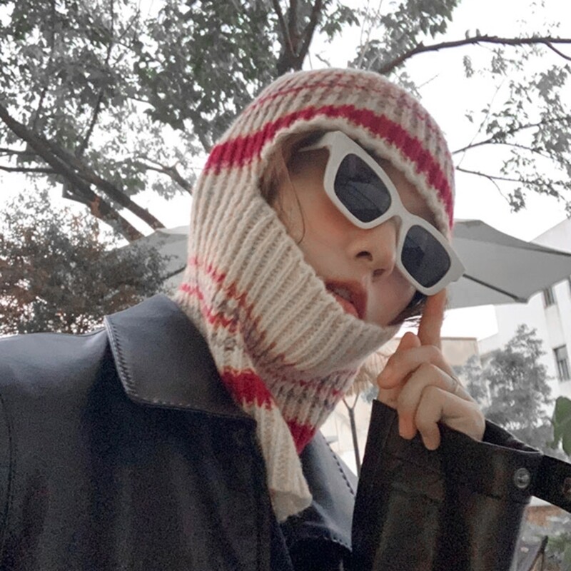 Adult Knit Balaclava Hat Outdoor Windproof Handmade Color Matching Hat ...