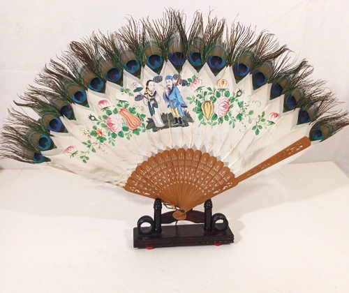 Antique Chinese Painted Peacock Feather Teak Hand fan Man and Woman w ...