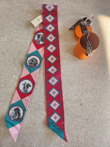 HERMES Twilly Silk Scarf Dog Motif Mint with Box | eBay UK