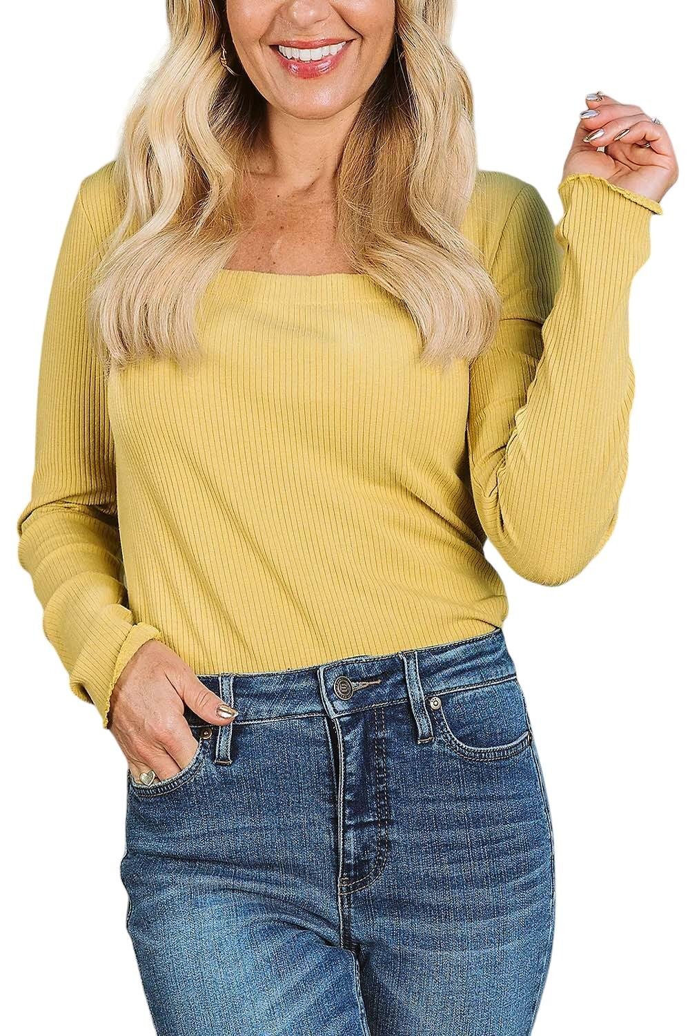 Candace Cameron Bure Square-Neck Soft Ruffle Hem Rib Knit Top Yellow | eBay