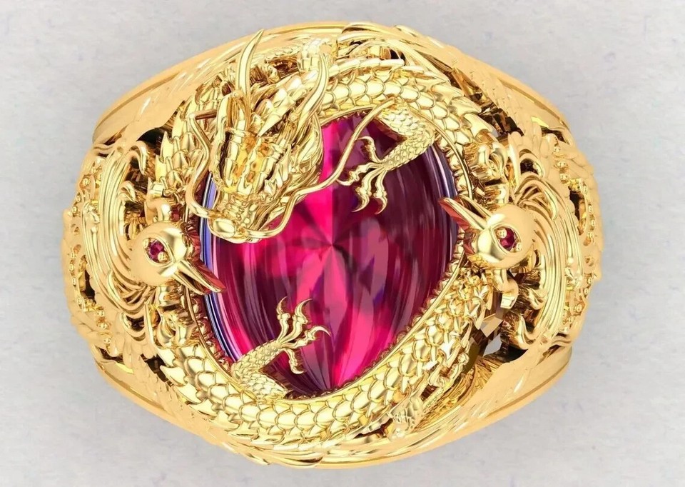 3.00Ct Oval Cut Lab Created Red Ruby Dragon Faced Ring 14K Yellow Gold ...