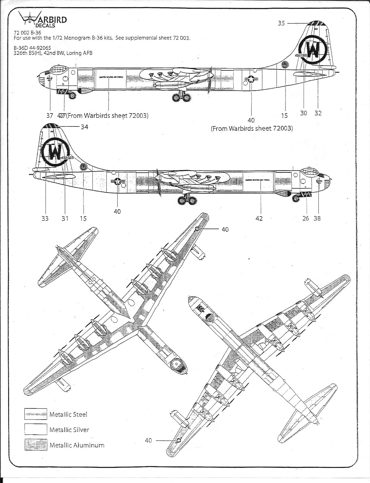Warbird B-36 Peacemaker Decals 1/72 002, 4 Options | eBay