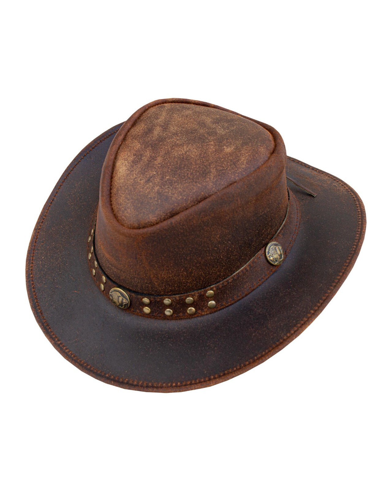 Men's Brown Top-Grain Premium Leather Western Cowboy Studded Hat For ...