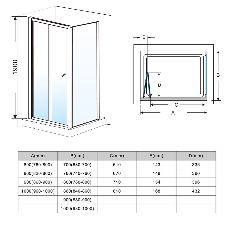 Bifold Shower Screen Safety Glass Reversible Design Enclosure 800/860 ...