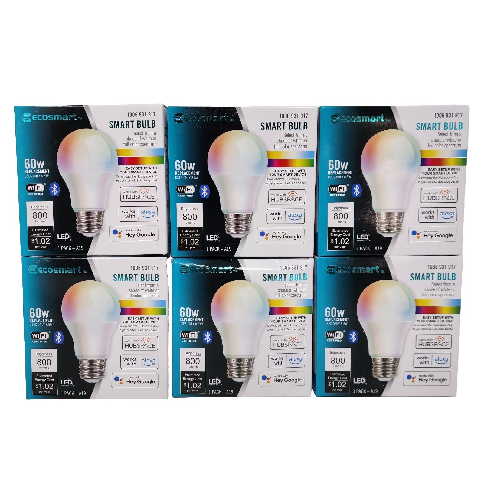 EcoSmart 8.5W Smart WiFi A19 Color Changing LED Lightbulb 800 Lm (6 ...